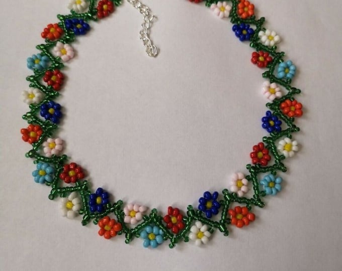 Floral Flower Daisy Seed Bead Necklace Weave Multi Coloured Boho 16 18