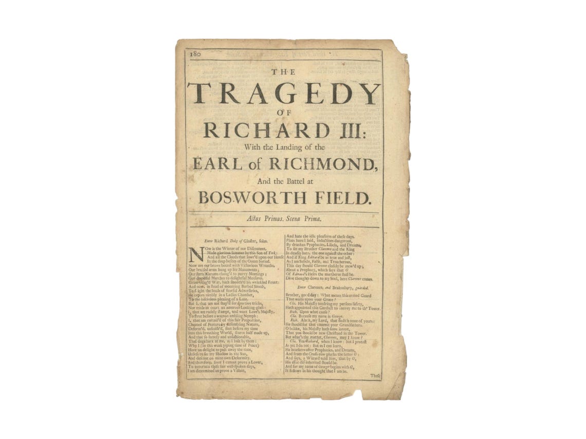 The Tragedy of Richard III Title Page Leaf From Fourth Folio, 1685 ...