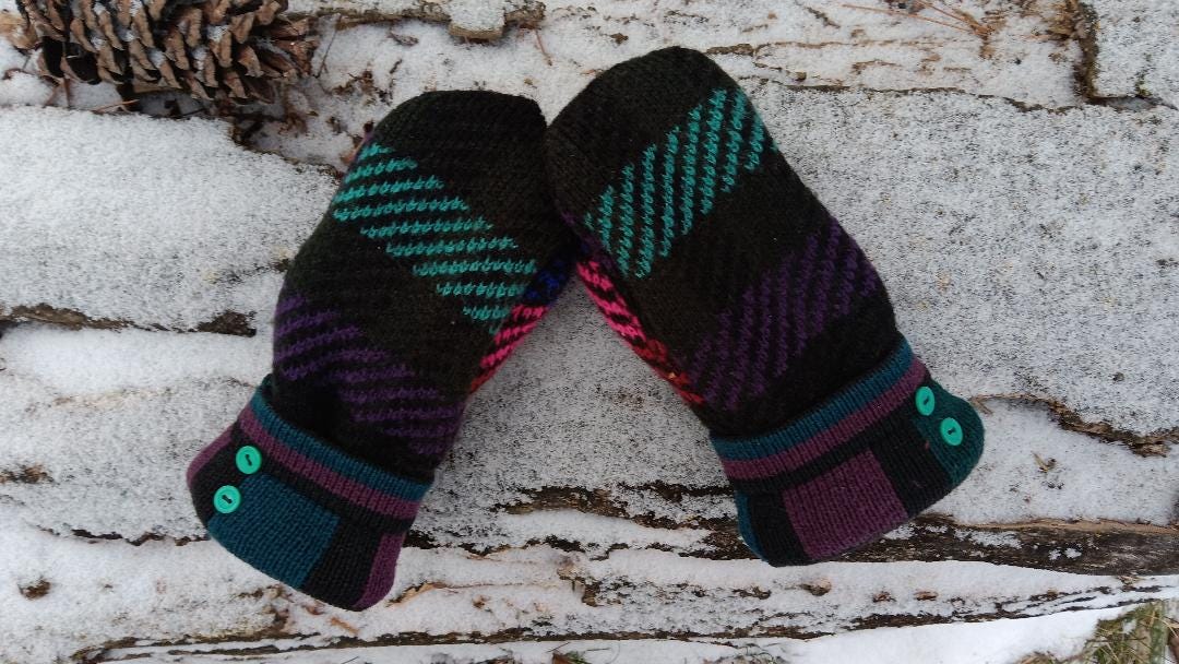 Warm Sweater Mittens Colorful Stripes on Black Women's Mittens Recycled ...