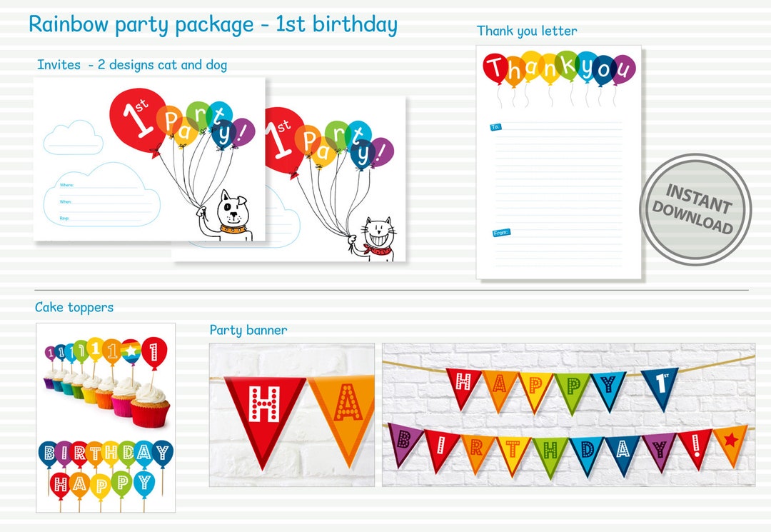 Party Package Digital Download, Age 1 Party Bundle, Rainbow Party Theme ...