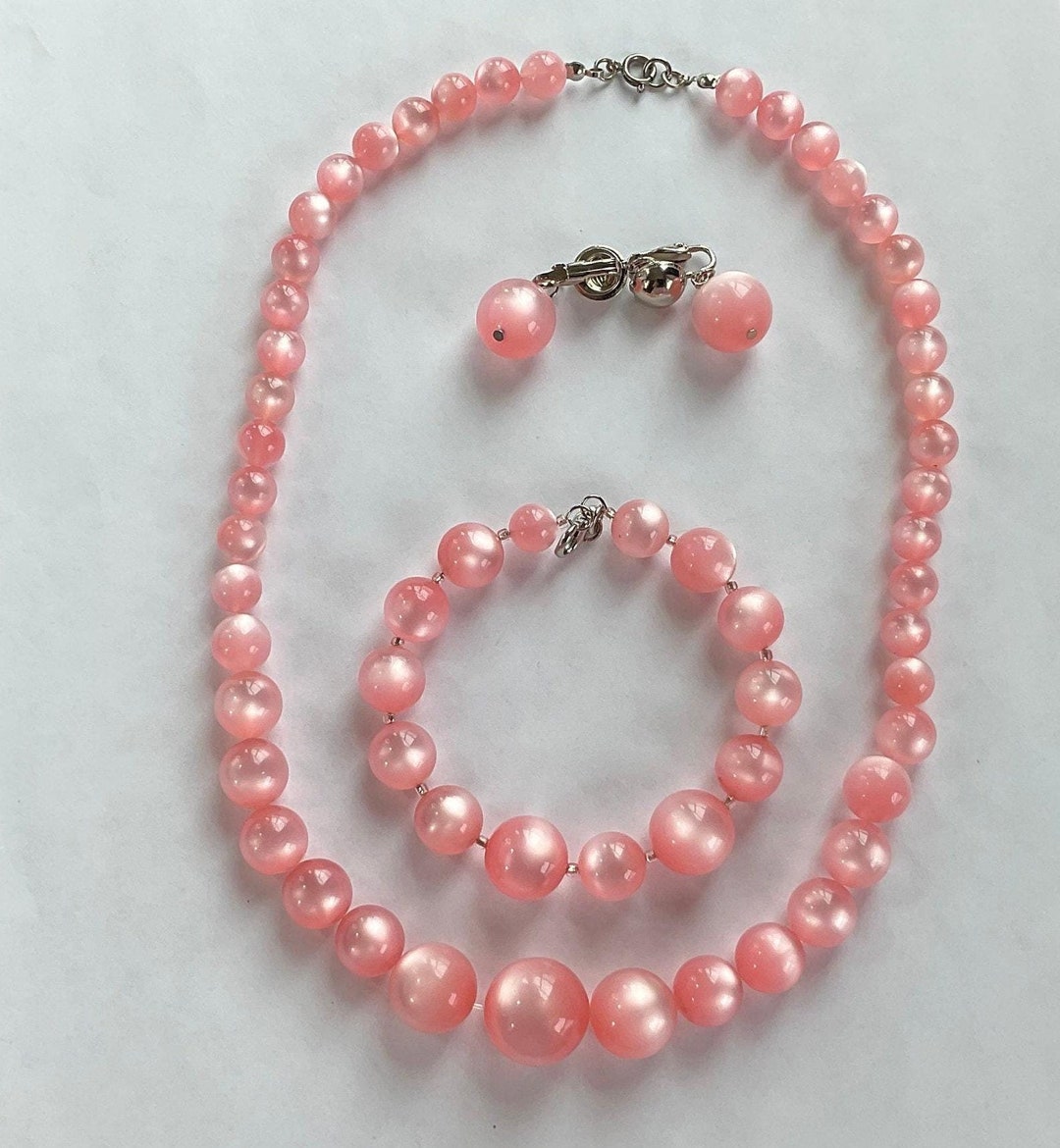 Vintage Pink Moon Glow Jewelry Set, Thermo Set Lucite, Graduated ...