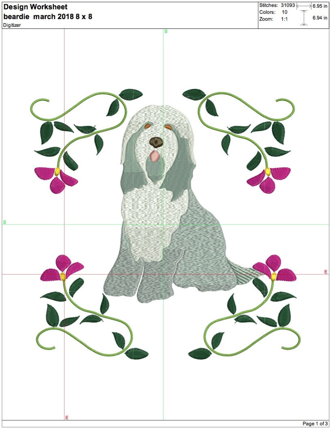 Bearded Collie Embroidery Design Dog Bearded Collie With Flowers 8 X 8 ...