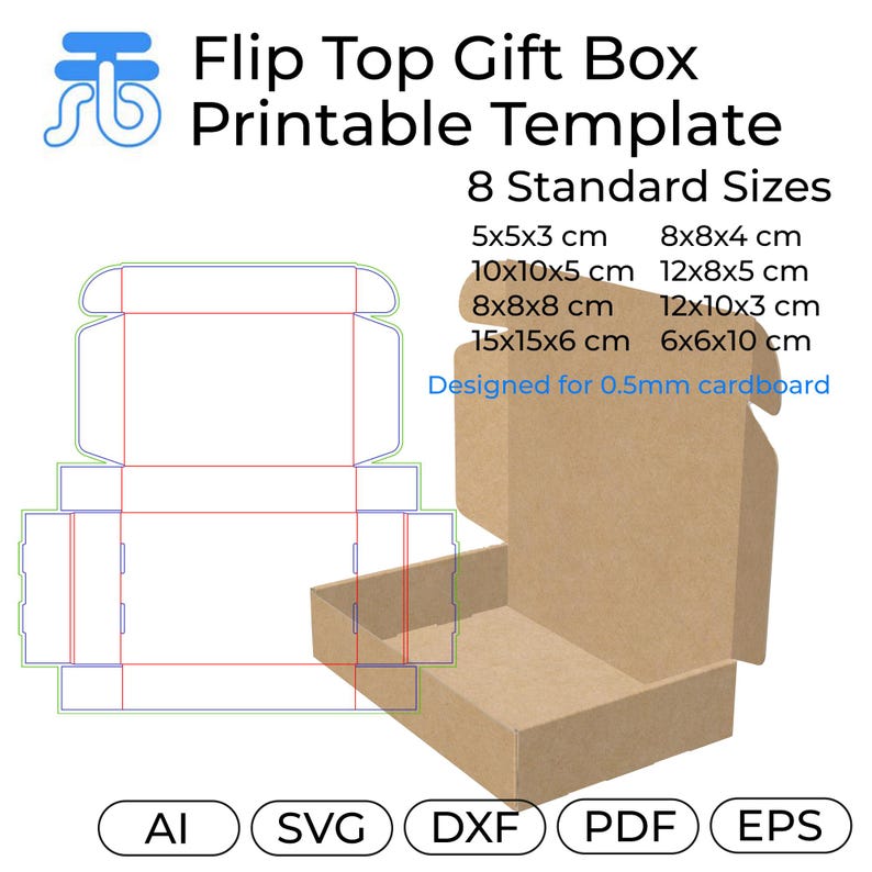 Flip Top Gift Box Template – 8 Standard Sizes | Printable Packaging ...