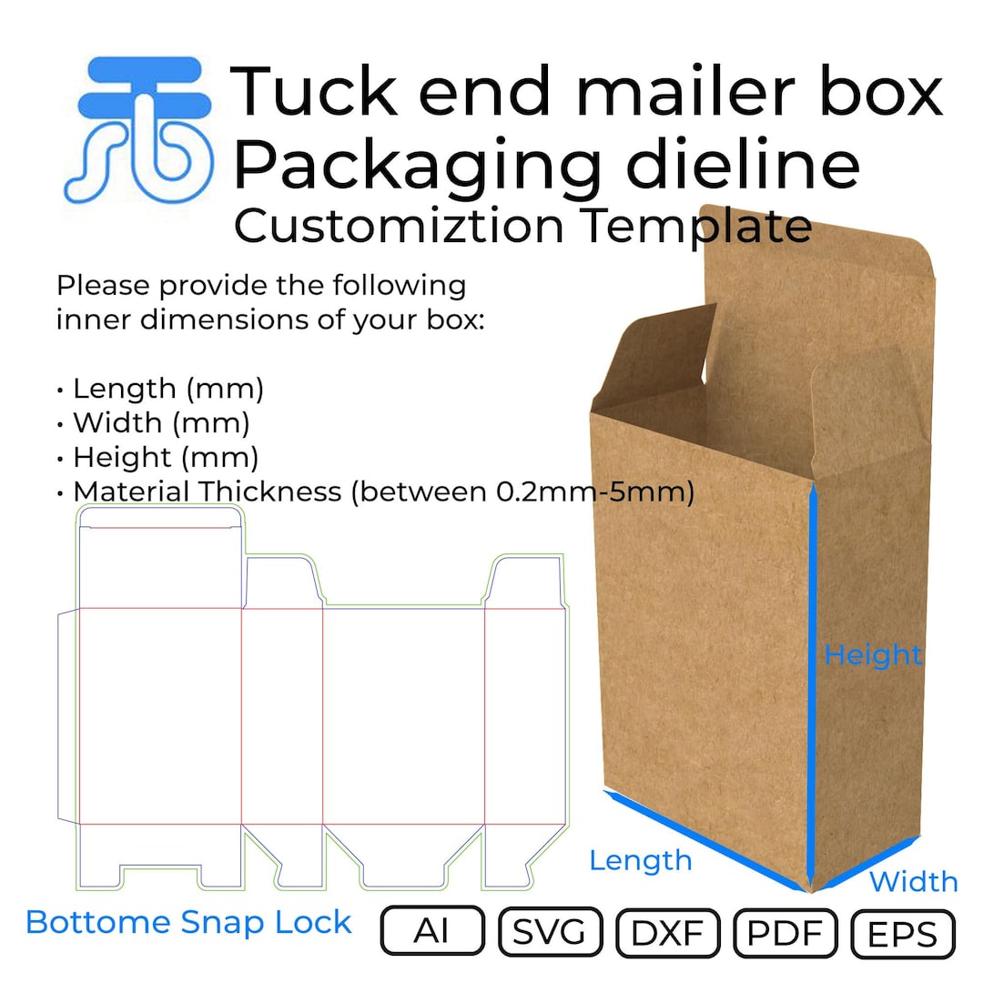 Printable Custom Tuck End Snap Lock Box Dieline Template - Made to Size ...