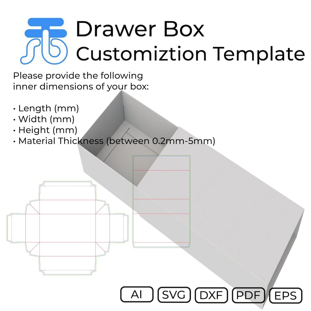 Custom Drawer Box Dieline Template | Made to Size | Rigid Slide Box ...