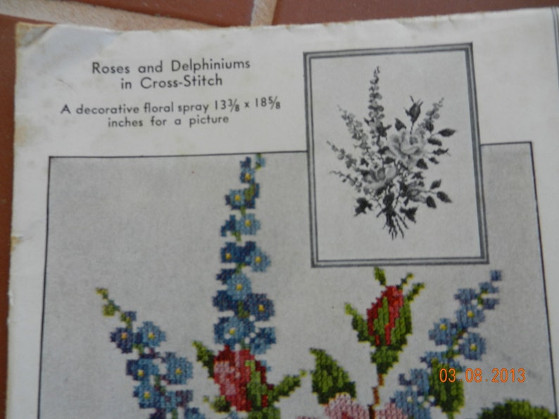 Mccall Kaumagraph Transfer, Roses and Delphiniums in Cross-stitch, C ...