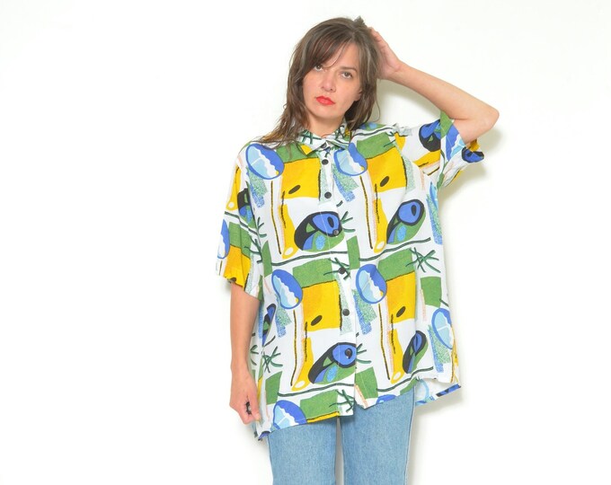 80s Abstract Colorful Button Blouse / Vintage 80s Geometric Pattern Multi Color Oversized Short ...