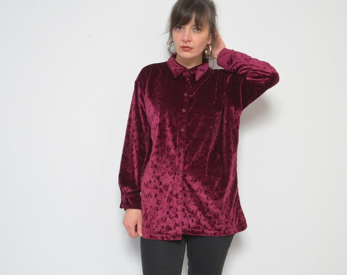 Velvet Button Blouse / Vintage 90s Floral Long Sleeve Burgundy Shirt ...