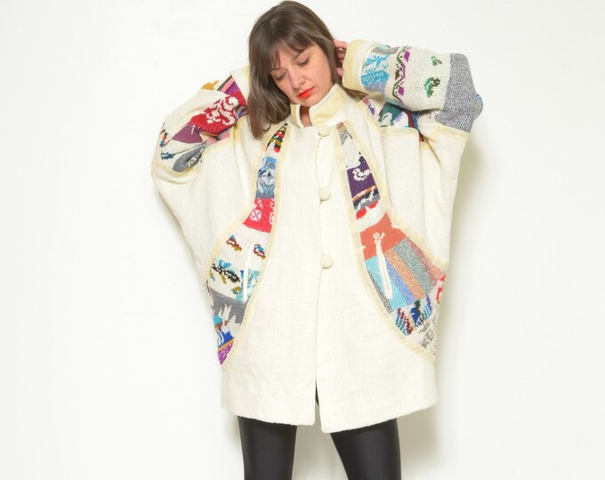 Oversized Batwing Coat / Vintage 80s Button Colorful Winter Knit White ...