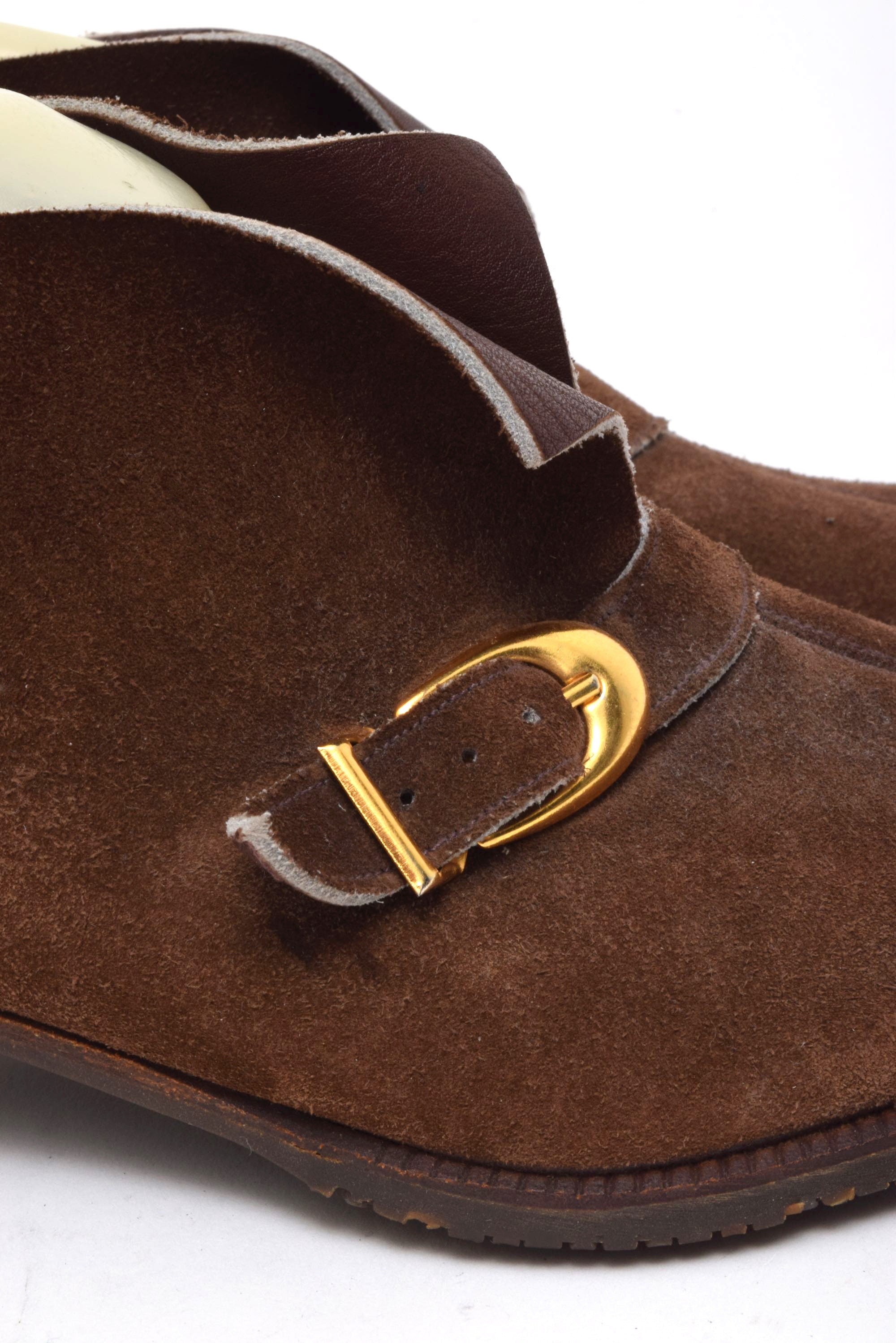 Vintage 90's Brown Italian Suede Shoe Booties With Shiny Gold Buckles ...