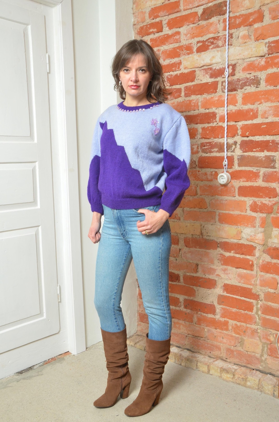 80s Color Wool Blocking Sweater - Size Medium - Etsy