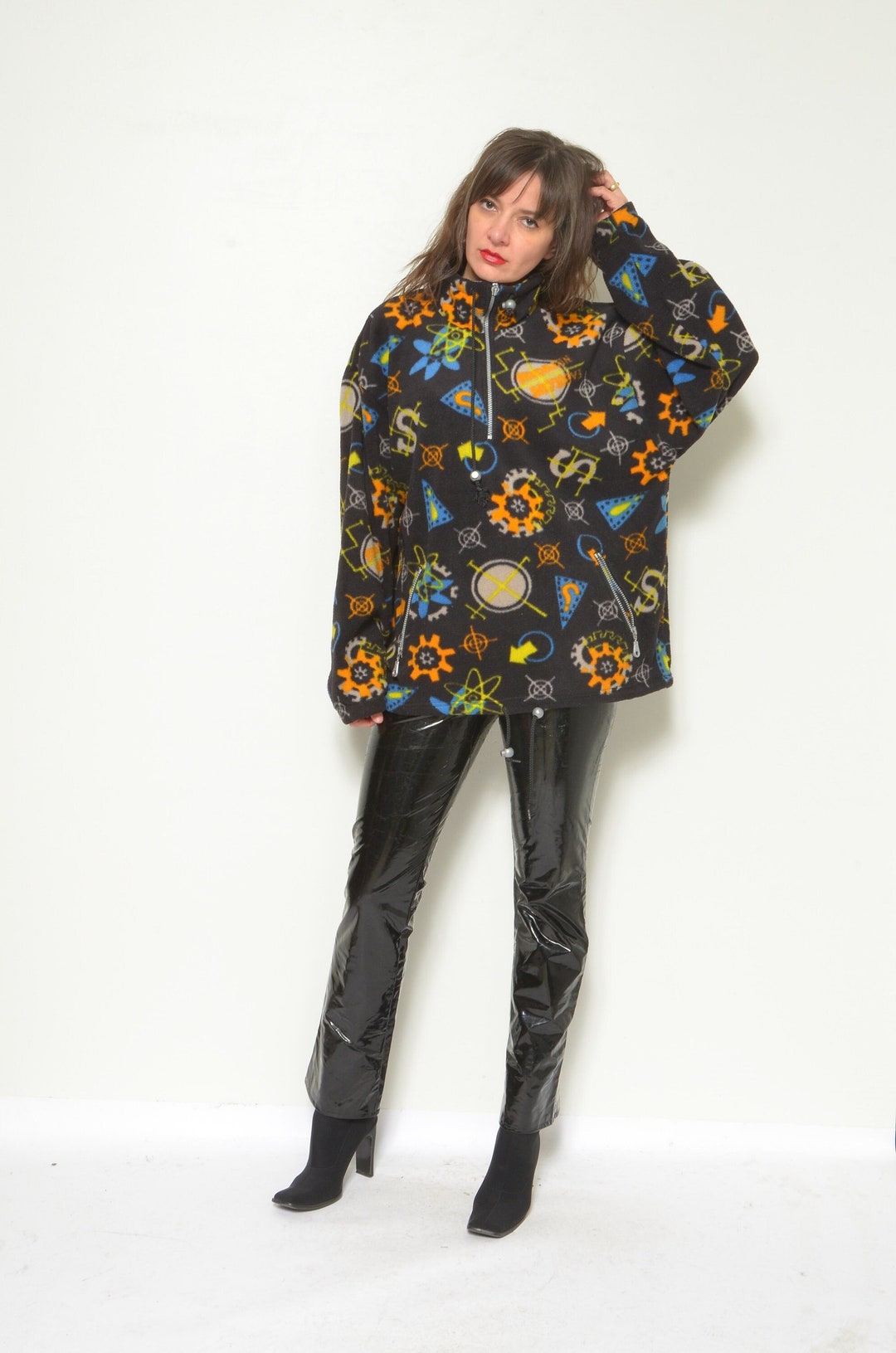 90s Colorful Fleece Jumper / Vintage 1990s Compass Travel Symbols ...
