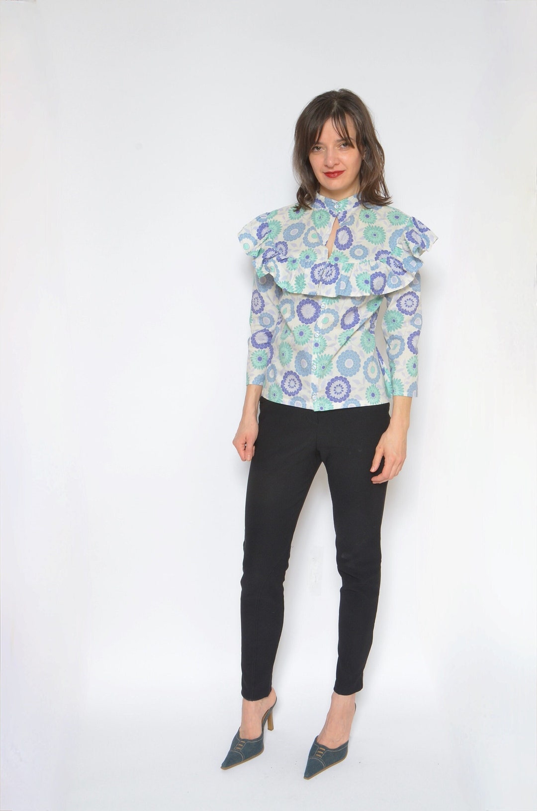 Vintage 80s Ruffled Floral Blouse: Pastel Cotton Shirt, Extra Small ...