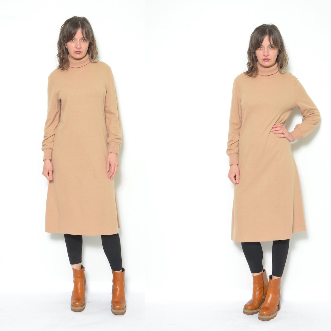 80s High Neck Winter Dress / Vintage Tan Turtleneck Long Sleeve Midi ...