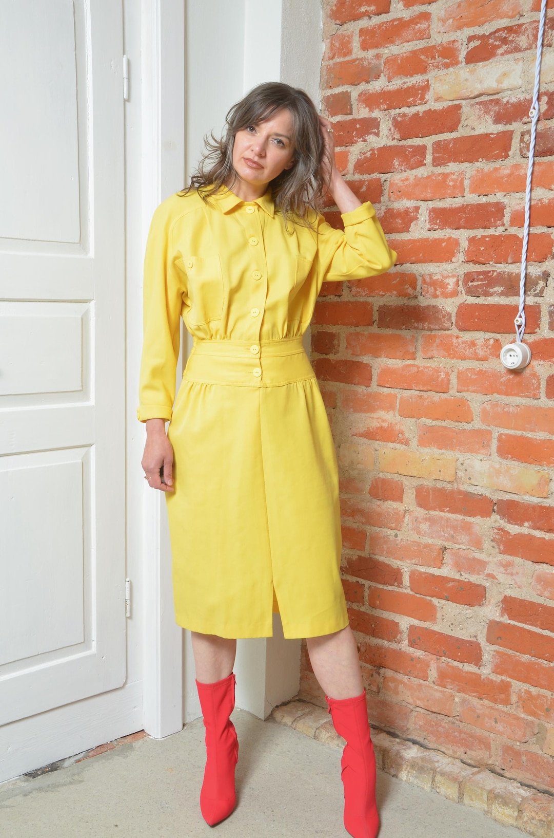 Vintage 80s Yellow Power Dress: Italian Made Belted Midi - Size XS - Etsy