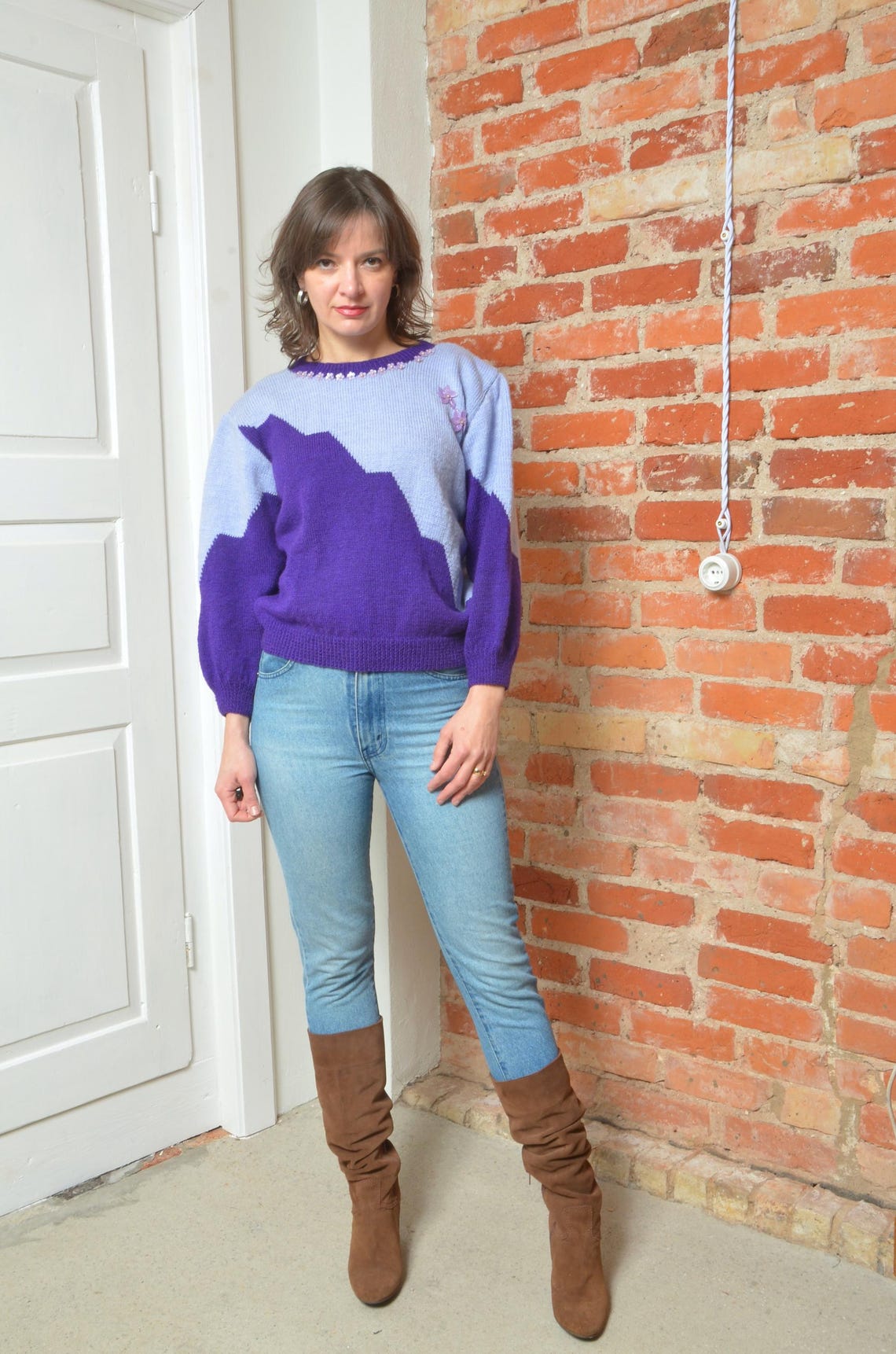80s Color Wool Blocking Sweater - Size Medium - Etsy