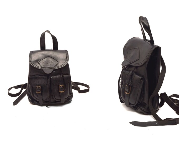 Vintage 90's Mini Black Leather Backpack With Brass Buckles and Clasps ...