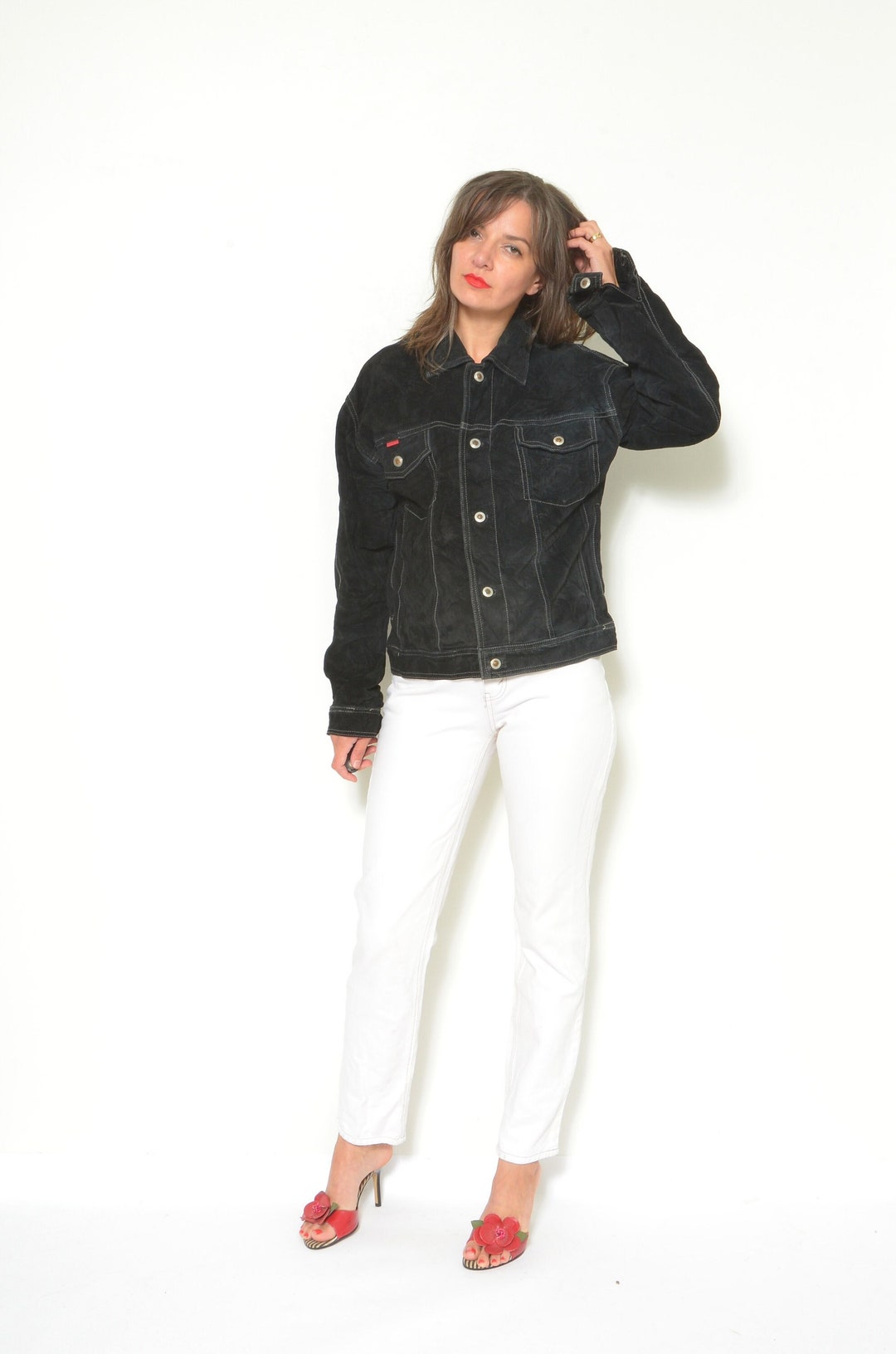 90s Suede Leather Jacket Vintage 1990s Real Genuine Leather Denim Style ...