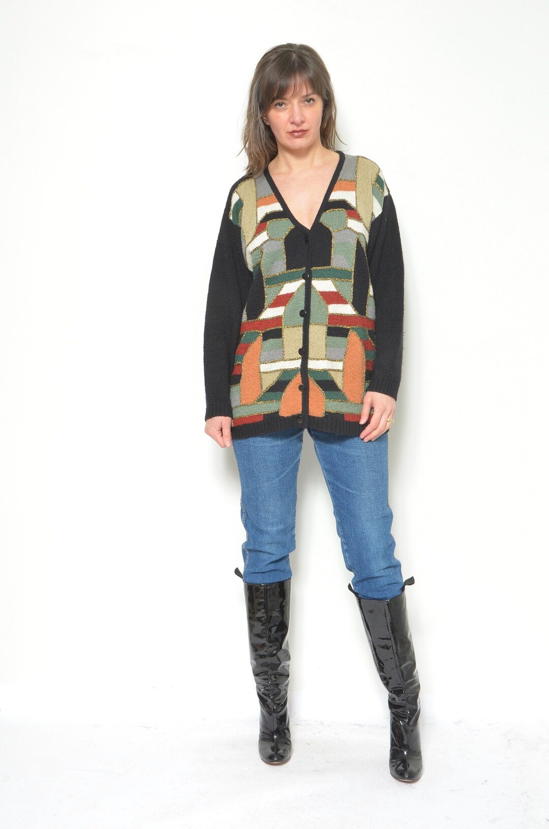 Vintage 80s Abstract Button Wool Cardigan / Geometric Sweater With ...