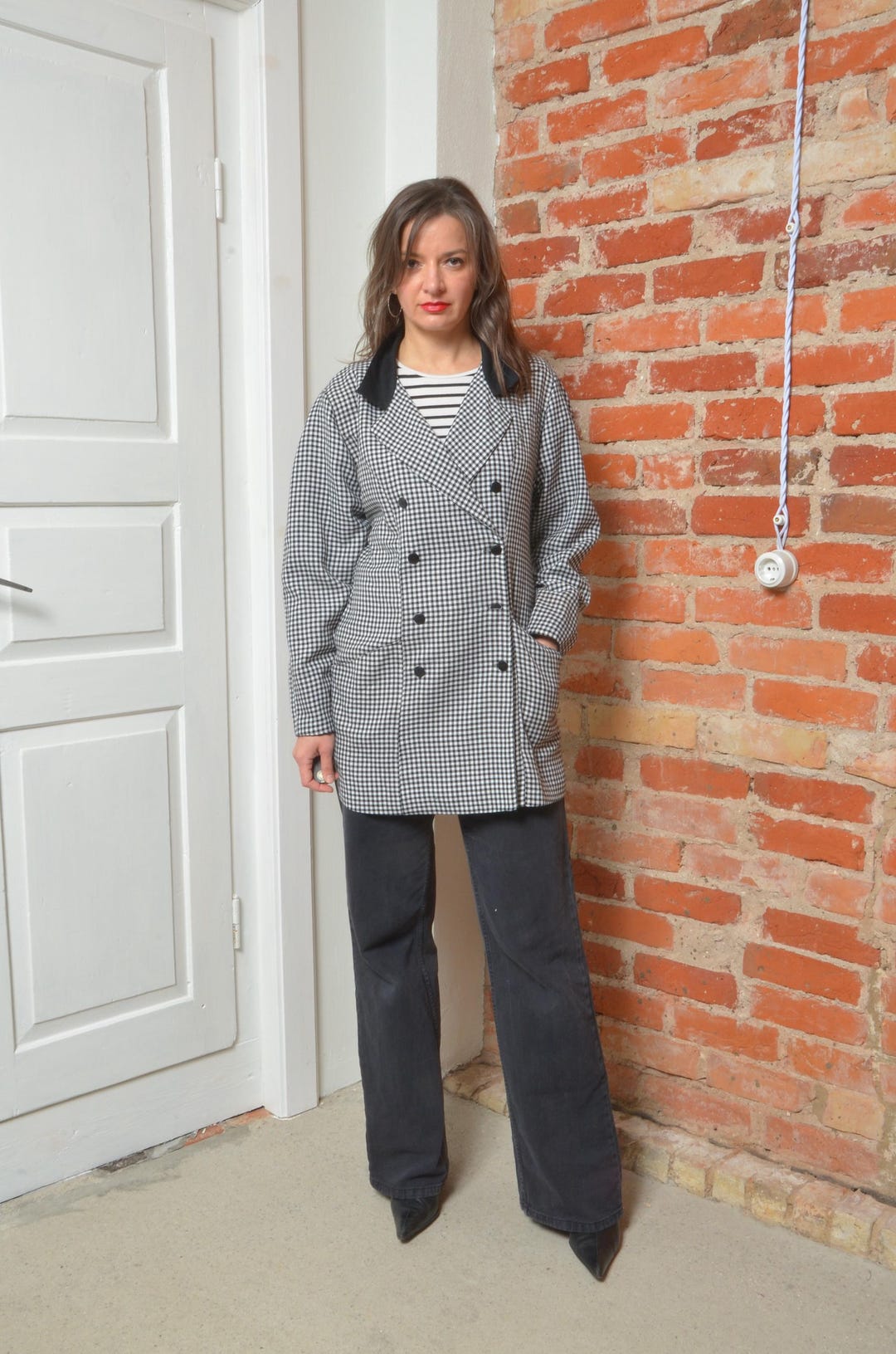Vintage 80s Checkered Button Blazer Long Jacket - Size Large - Etsy