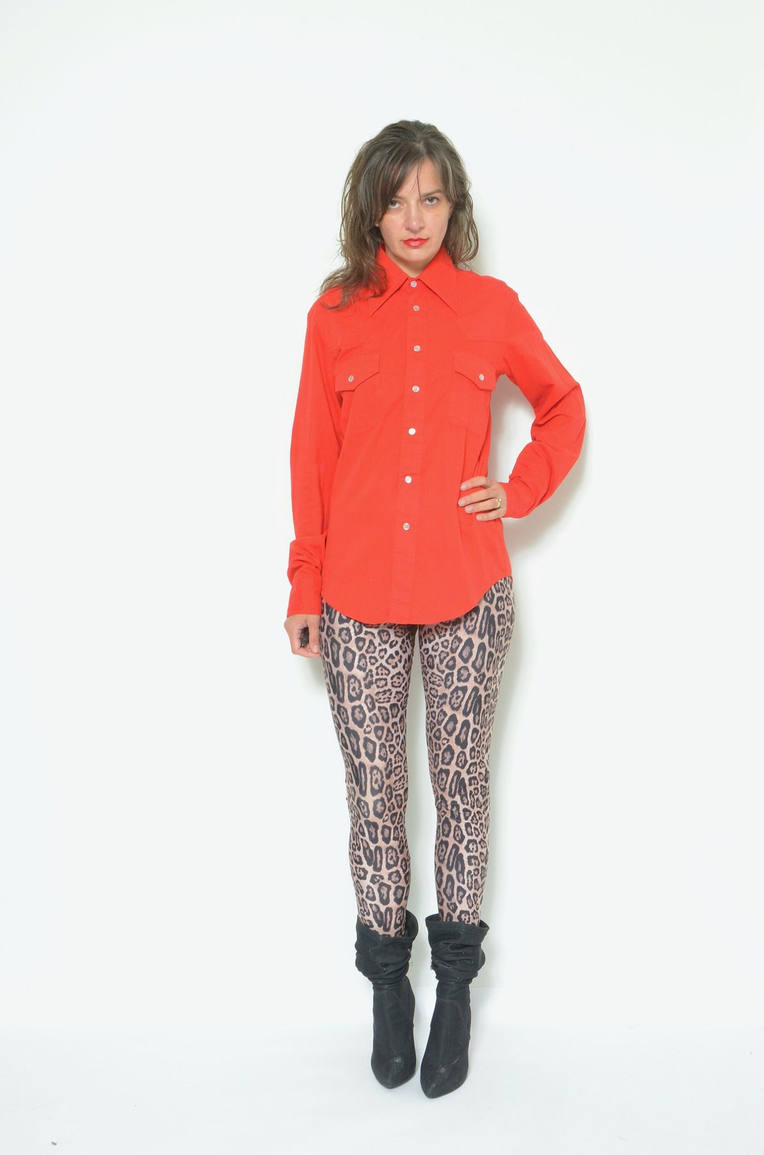 80s Western Style Shirt Vintage 1980s Bright Red Long Sleeve Snap ...