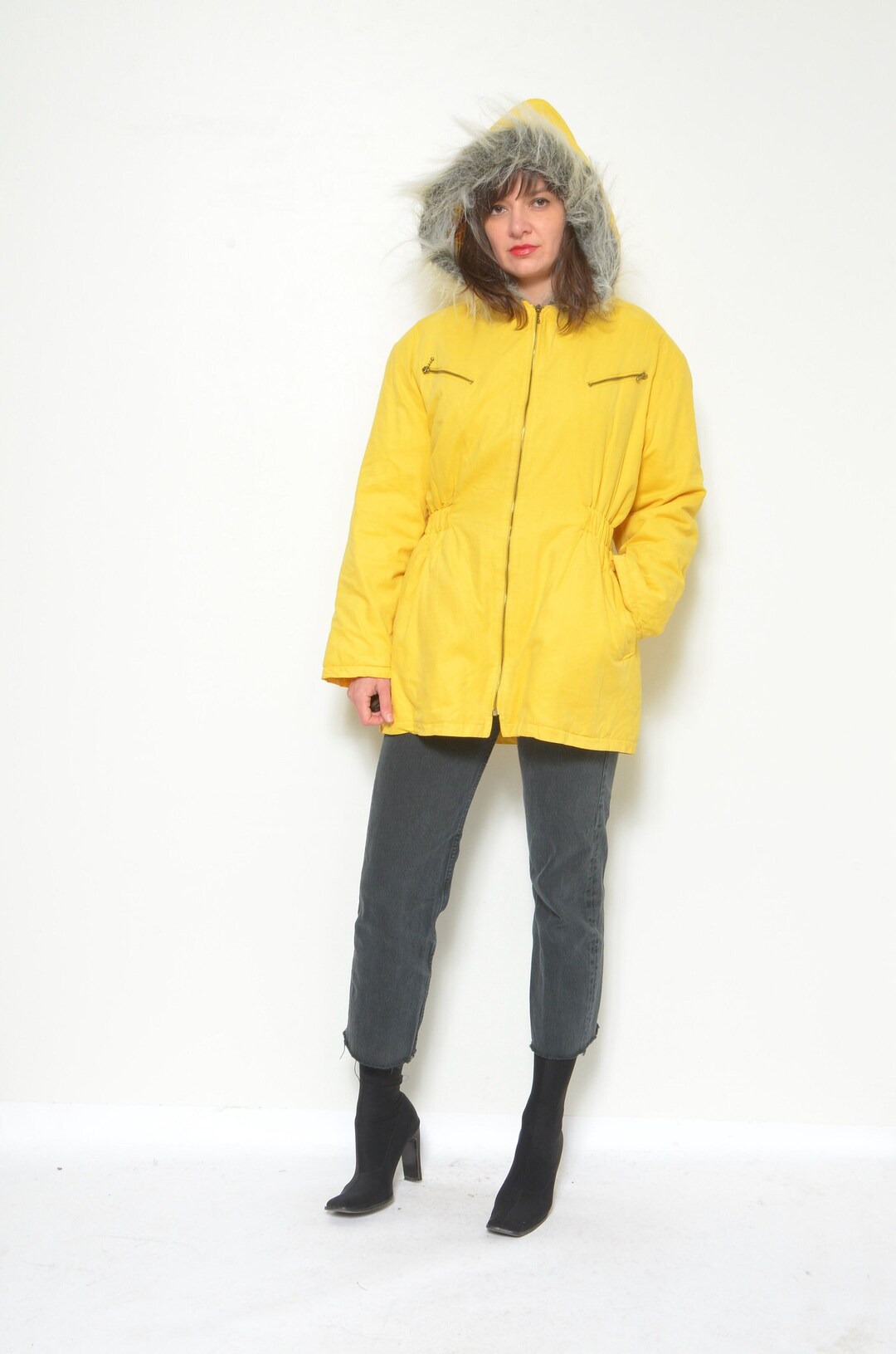80s Hooded Winter Parka Jacket / Vintage 1980s Lemon Yellow Zipper ...