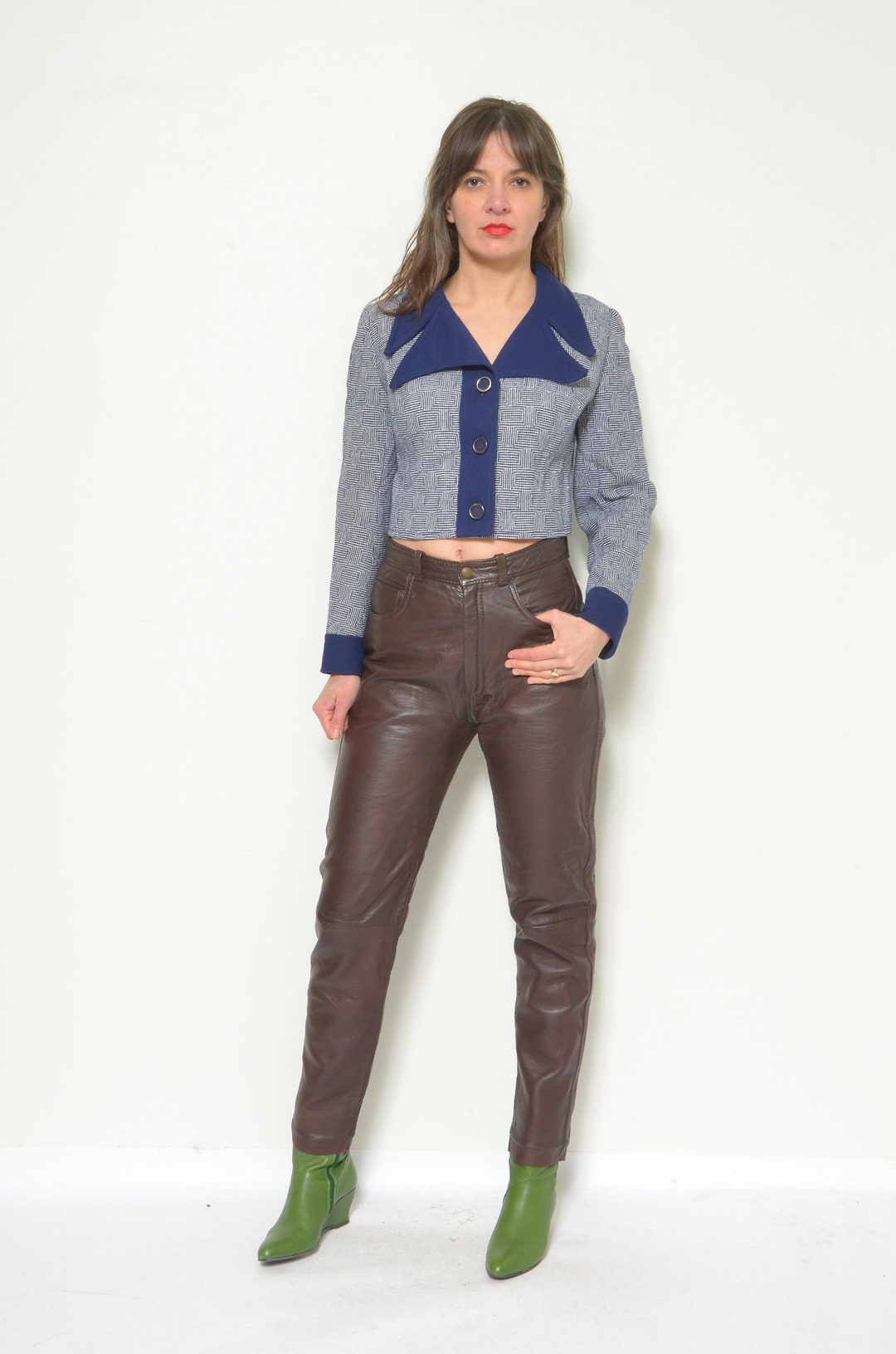 Cropped Tweed Jacket Vintage 70s Double Pointy Collar Button Geometric ...