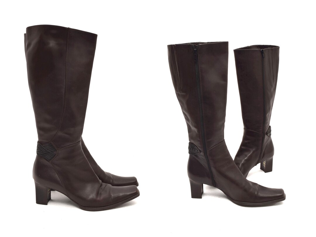 Botas vintage de couro legítimo dos anos 90 com salto alto e grosso ...