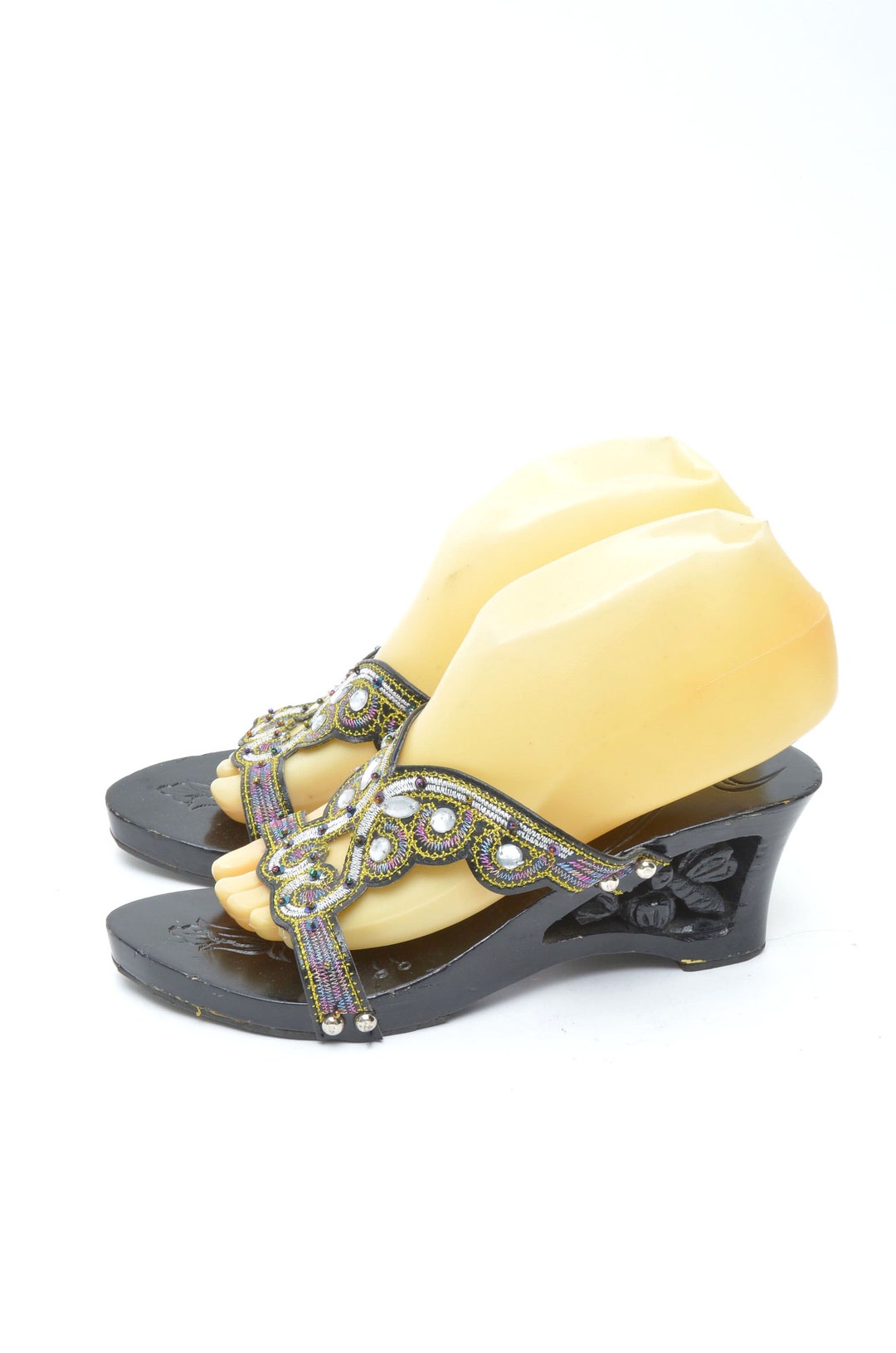 90s Carved Wood Platform Sandals: Rhinestone Asian Style, Size 5.5 US ...