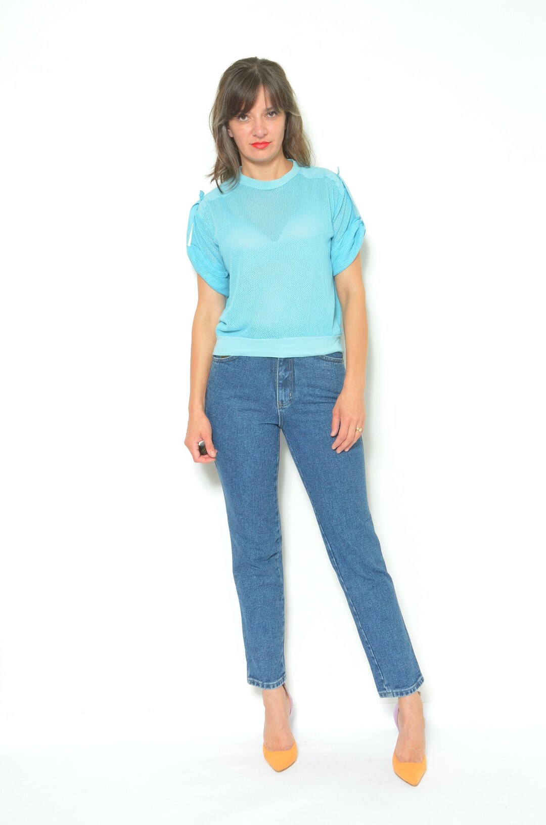 80s Sheer Fishnet Top / Vintage 1980s Mesh Short Sleeve Turquoise See ...