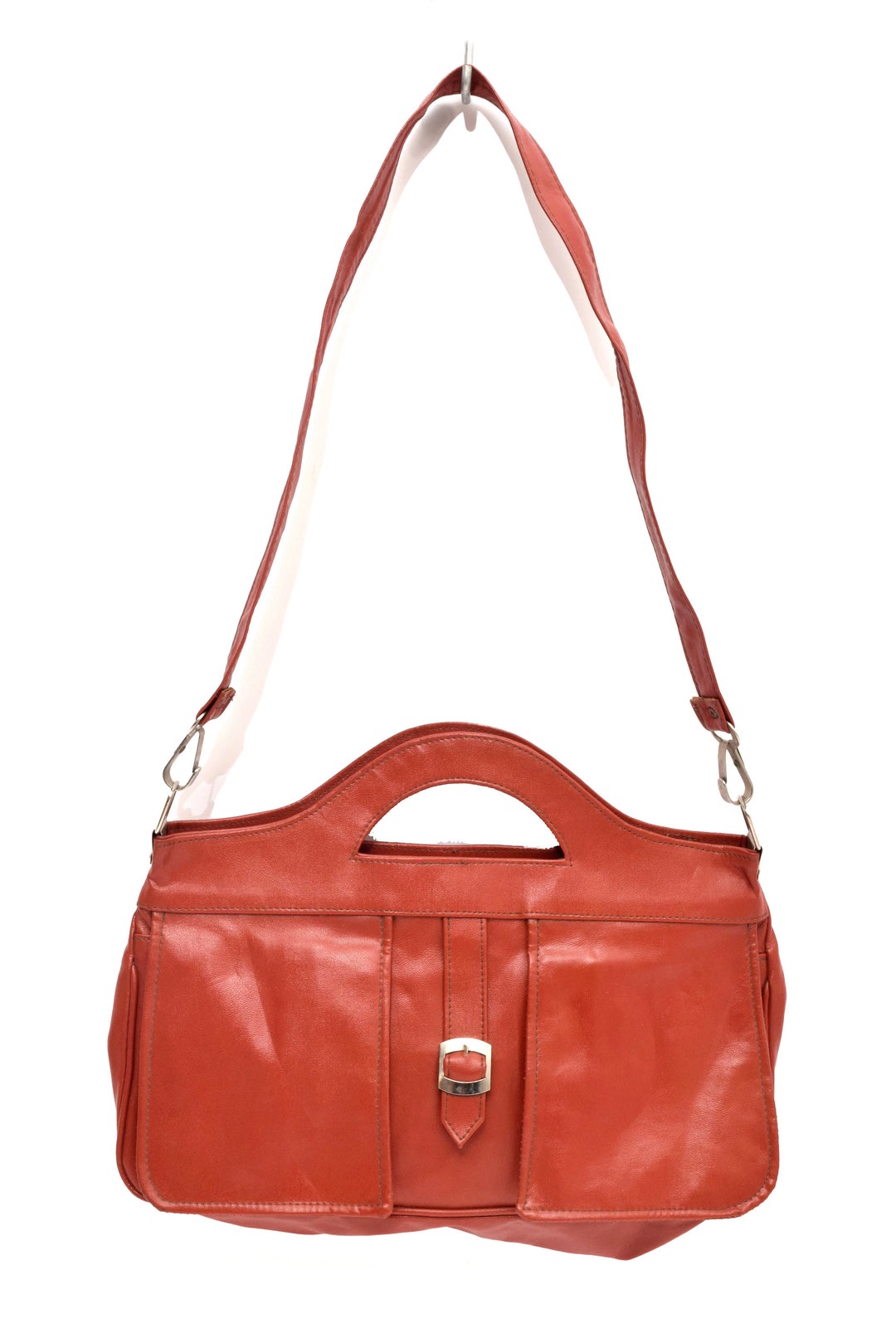 Vintage 70s Brick Red Leather Shoulder Bag Handbag Purse With Two Front ...
