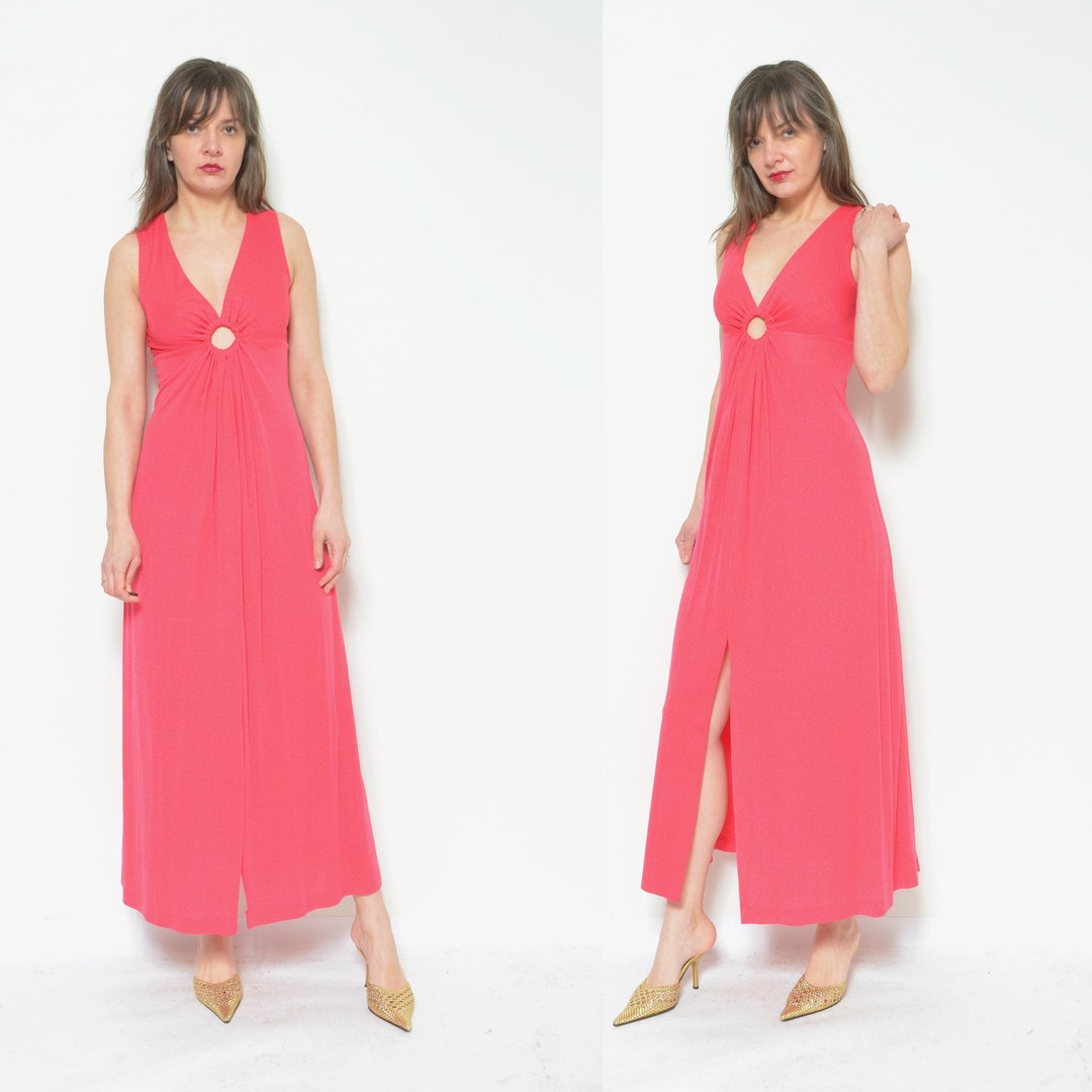 Vintage 70s Keyhole Maxi Dress / Sleeveless Front Slit Dress - Size ...