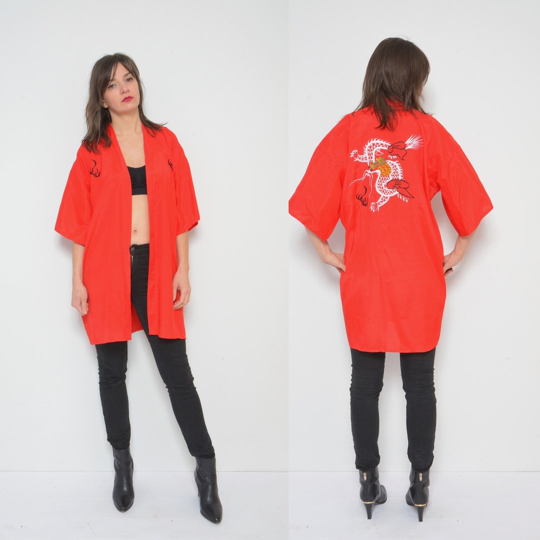 Embroidered Dragon Kimono Robe Blazer / Vintage Wide Sleeve Bright Red ...