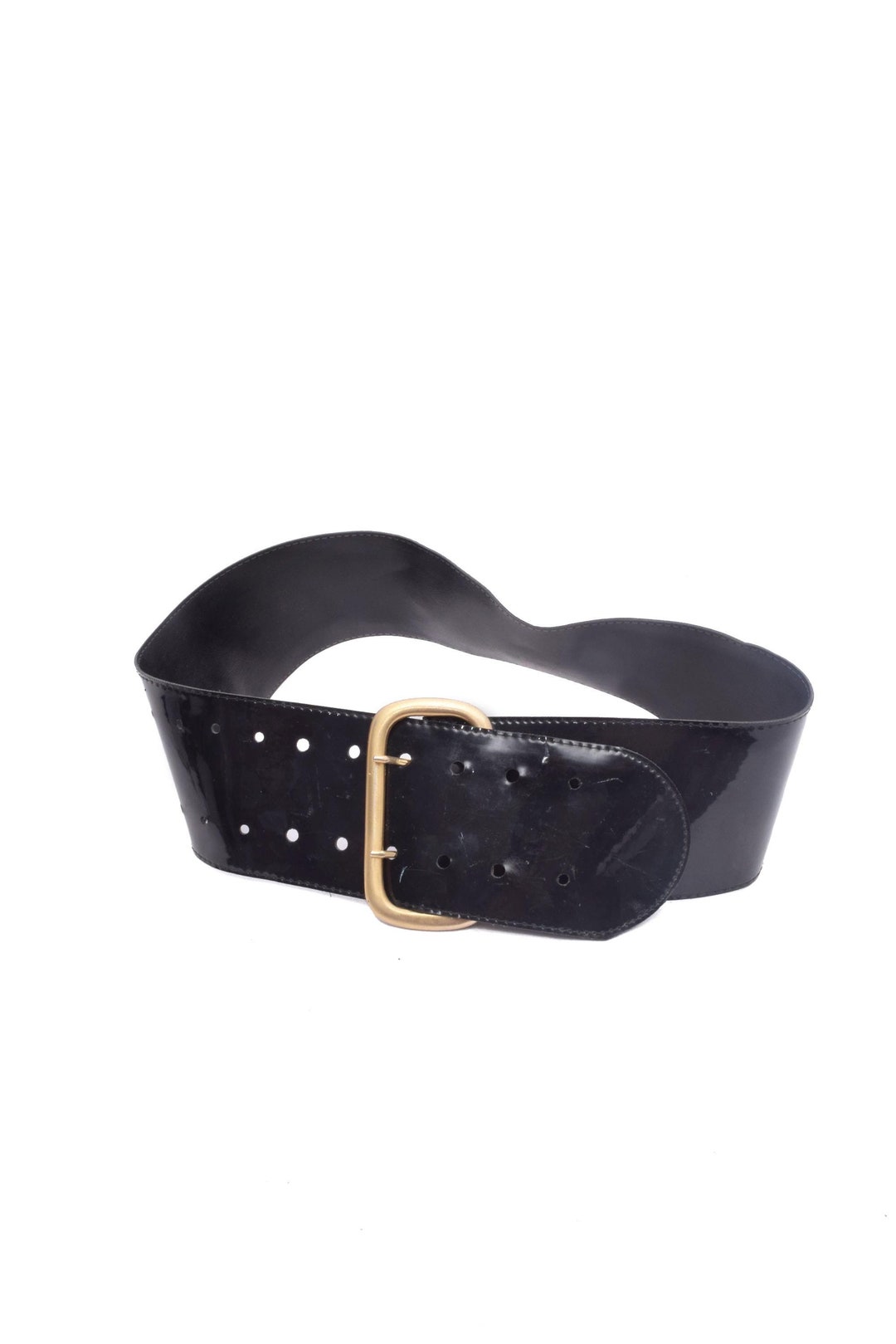 Vintage 80's Extra Wide Shiny Patent Black Faux Leather Belt With Gold ...