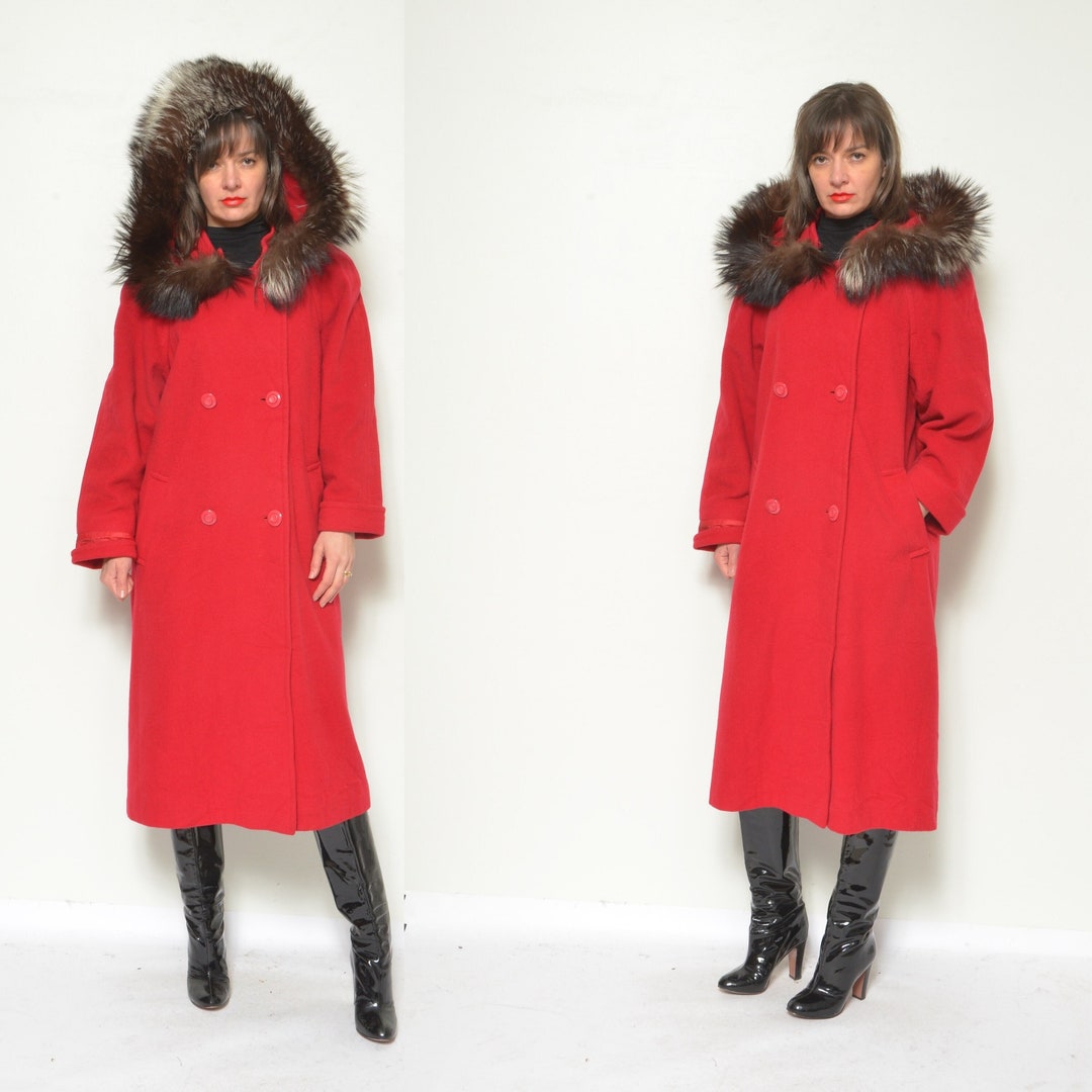 Wool Button Hooded Coat / Vintage 80s Oversized Red Loose Fit Long Maxi ...