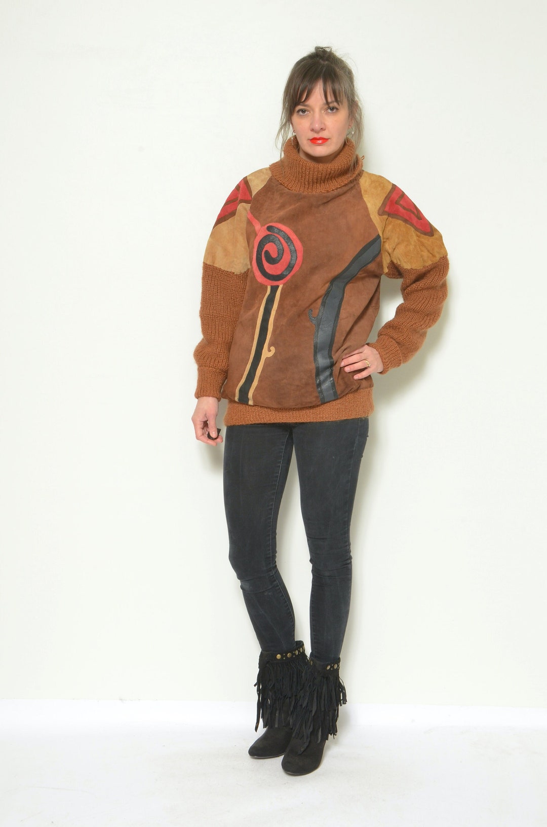 Patchwork Real Leather Sweater/ Vintage 80s High Neck Knit Pullover ...
