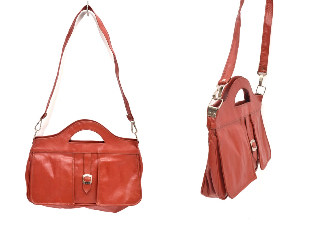 Vintage 70s Brick Red Leather Shoulder Bag Handbag Purse With Two Front ...