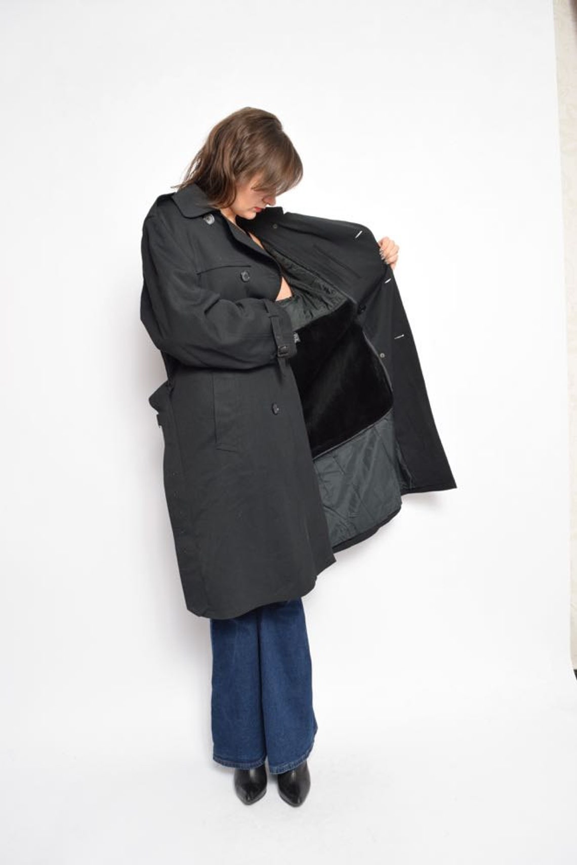 Vintage 80's Classic Men Buttoned Black Long Coat / Men - Etsy