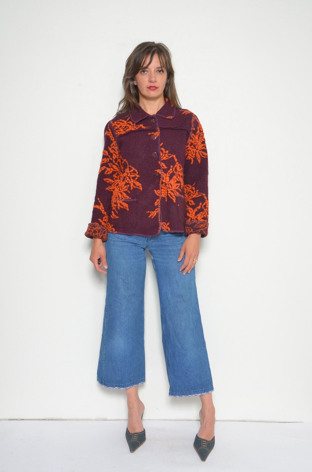 Wool Felt Button Jacket Vintage 1990s Floral Pattern Collared Purple ...