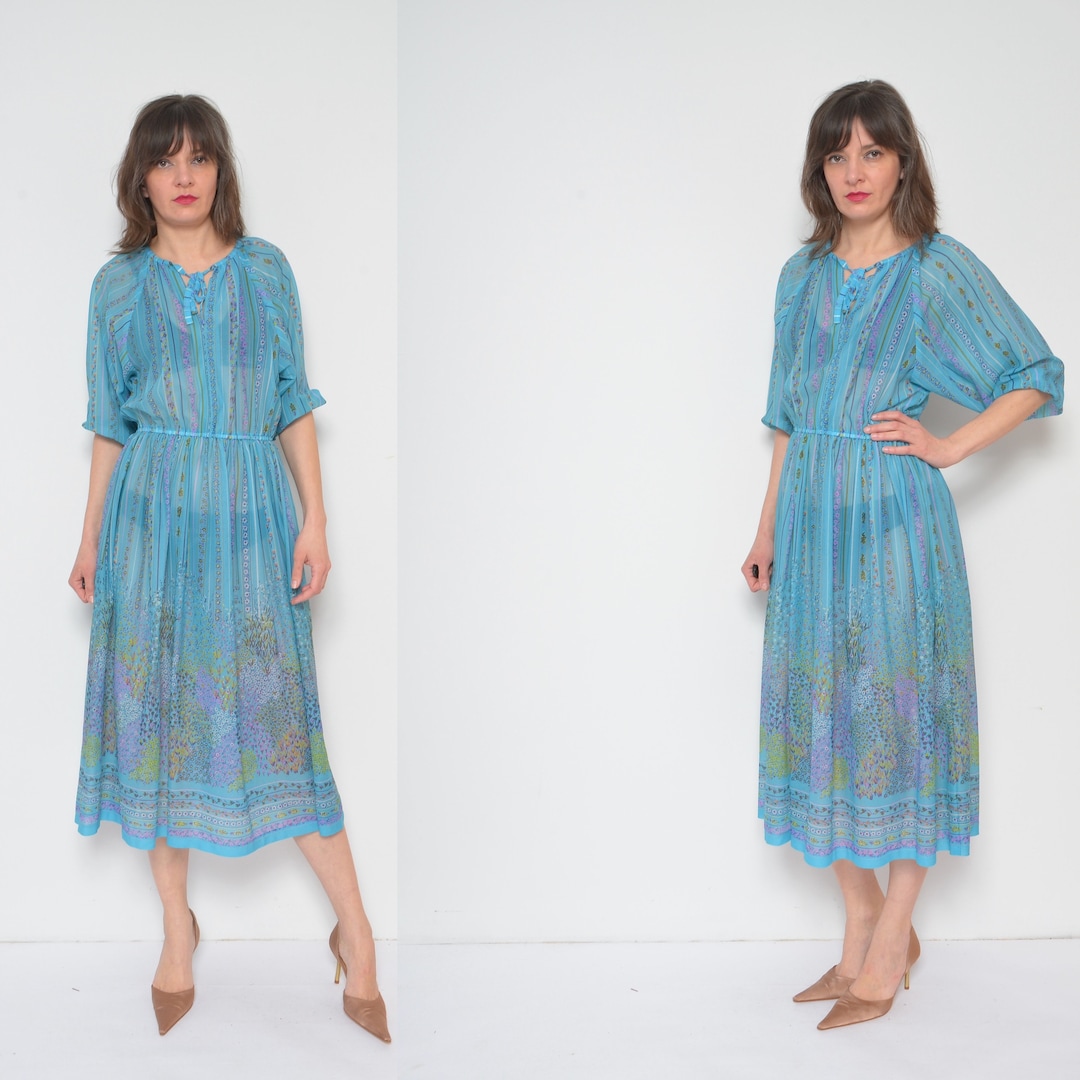 Vintage Floral Sheer Dress / 80s See Through Long Sleeve Striped ...