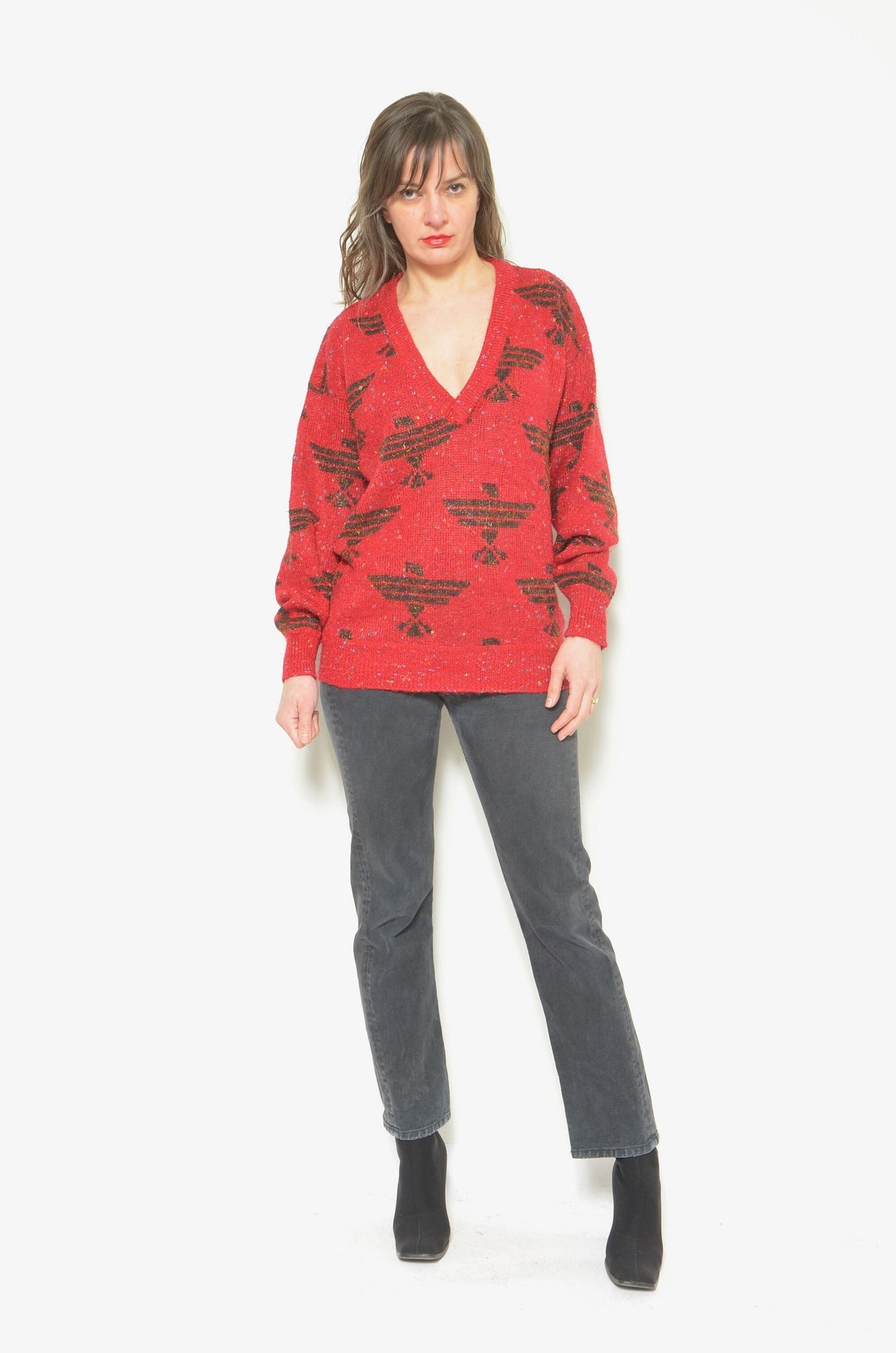 Vintage 80s Wool Sweater - Red Navajo Bird Pattern V-neck - Size M - Etsy