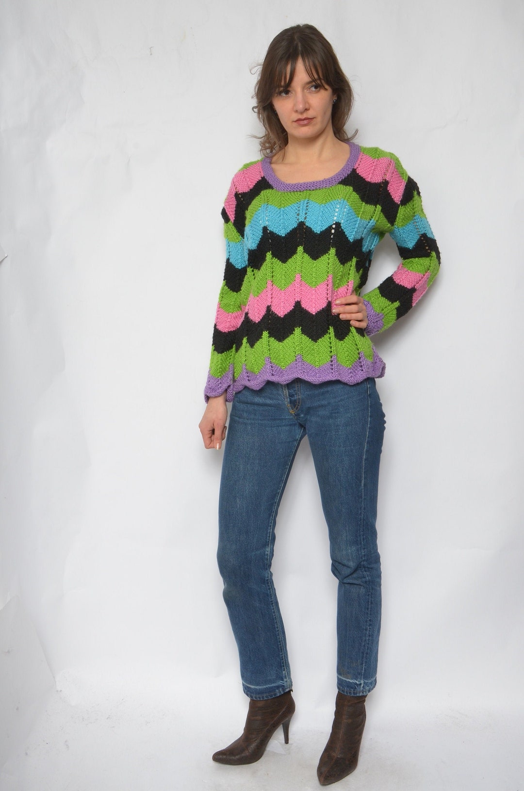 Color Blocking Sweater / Vintage 90's Colorful Knit Zig Zag Pullover ...
