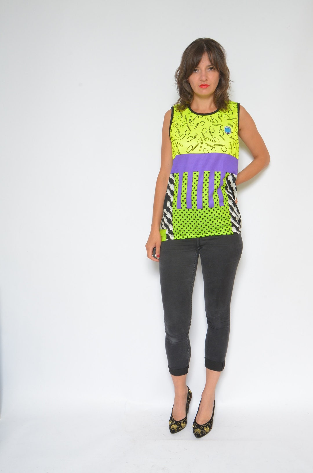 Biker Colorful Top / Vintage 90s Color Blocking Back Pockets Sleeveless ...