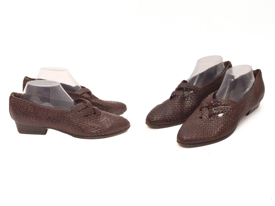 Vintage 90s Woven Leather Pumps - Brown - Pointy Toe - Size 41 EU - Etsy