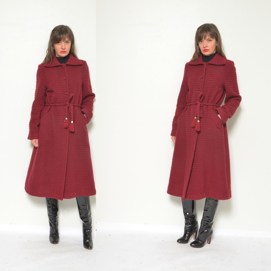 80s Wool Button Coat / Vintage Collared Winter Ribbed Belt Long ...