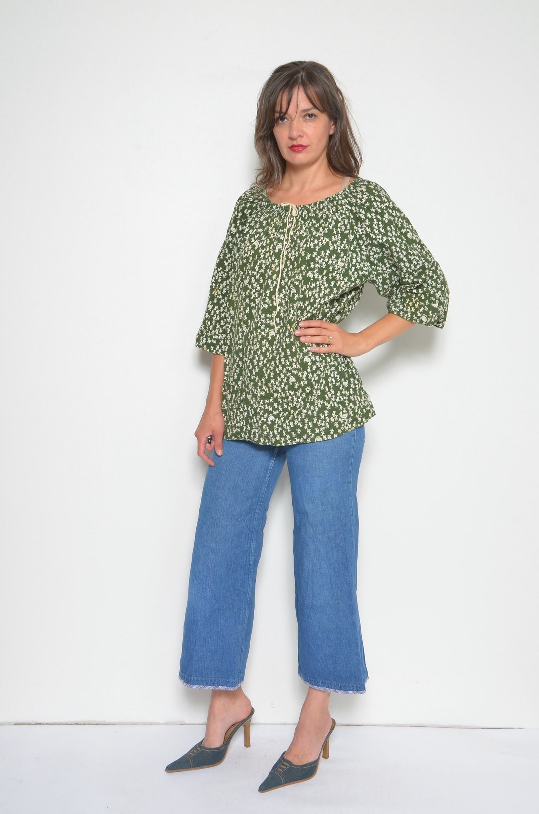 Bohemian Duck Print Blouse Vintage 1980s Half Sleeve Micro Bird Print ...
