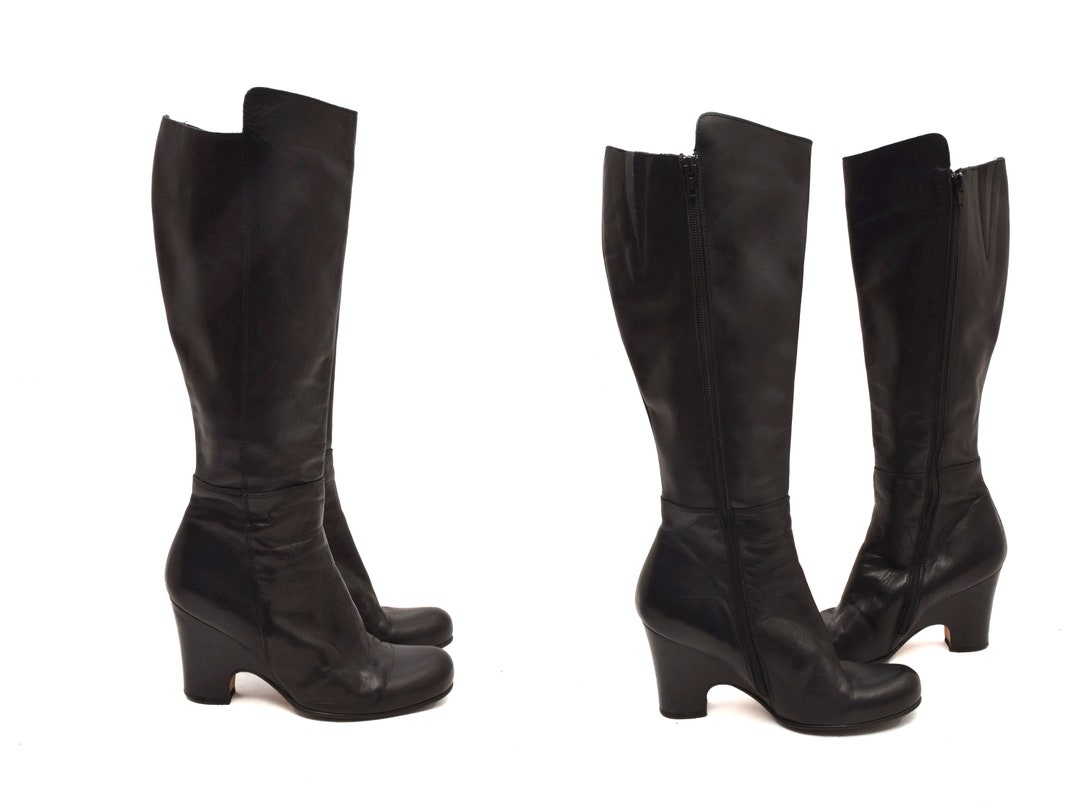 Vintage 90s Black Leather Tall High Heel Boots With Curved Stylish ...