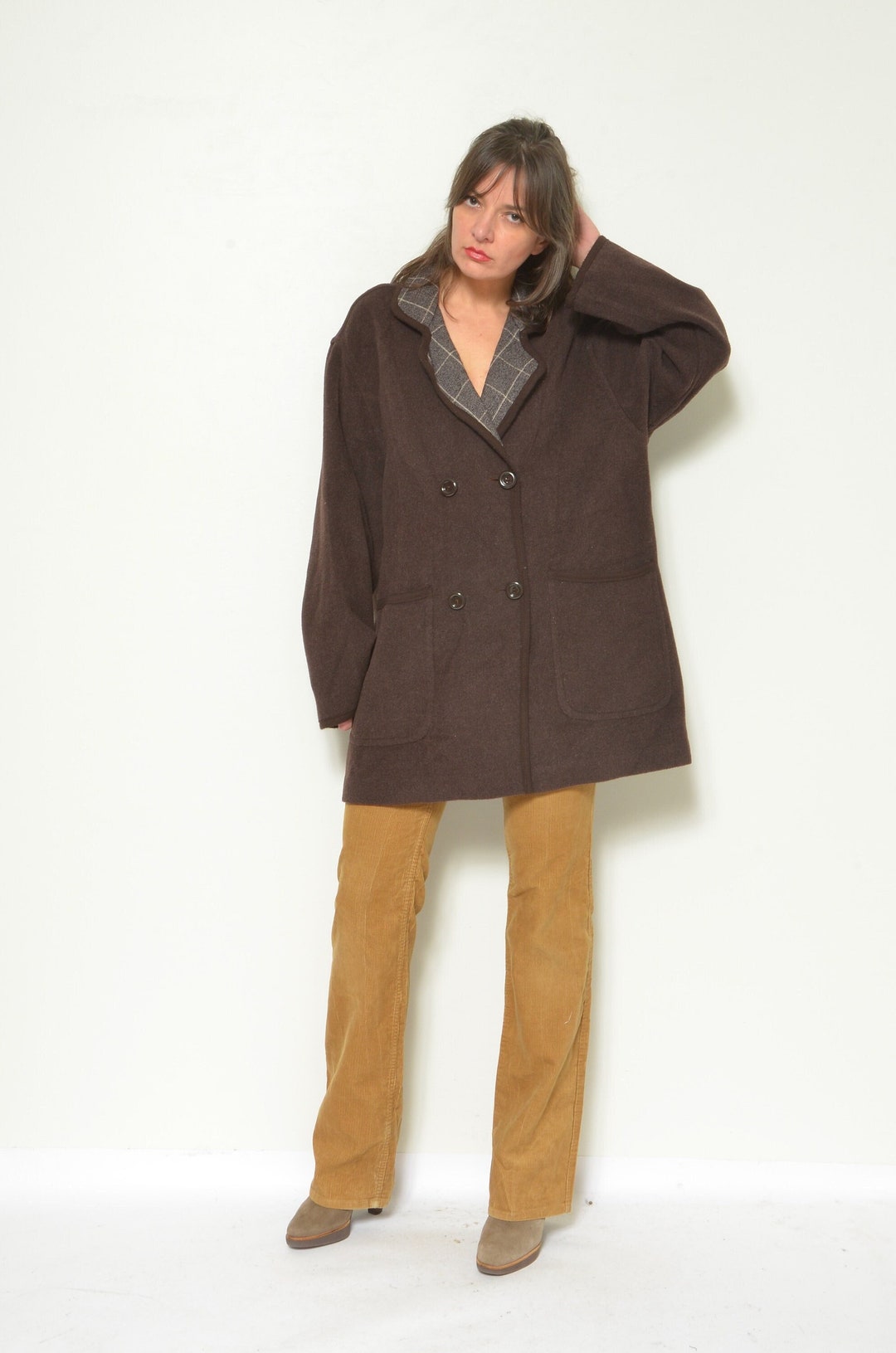Wool Button Coat / Vintage 80s Oversized Brown Short Jacket With Large ...