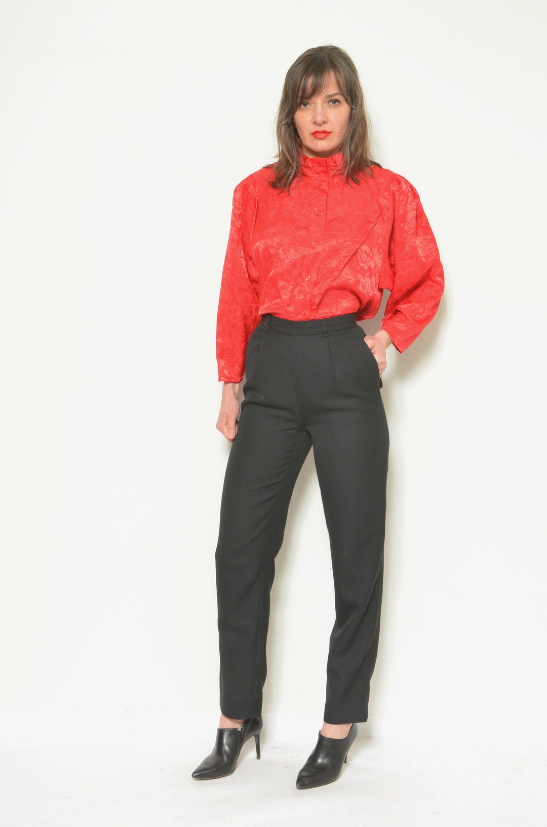 Vintage 80s Puffy Sleeve Satin Blouse / Abstract Pattern Glossy Button ...