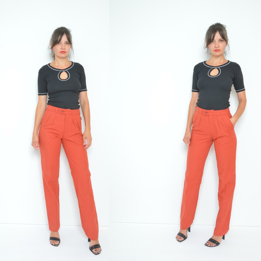 Vintage 80s Linen Pleated Pants: High Waisted Brick Red Trousers, Size ...
